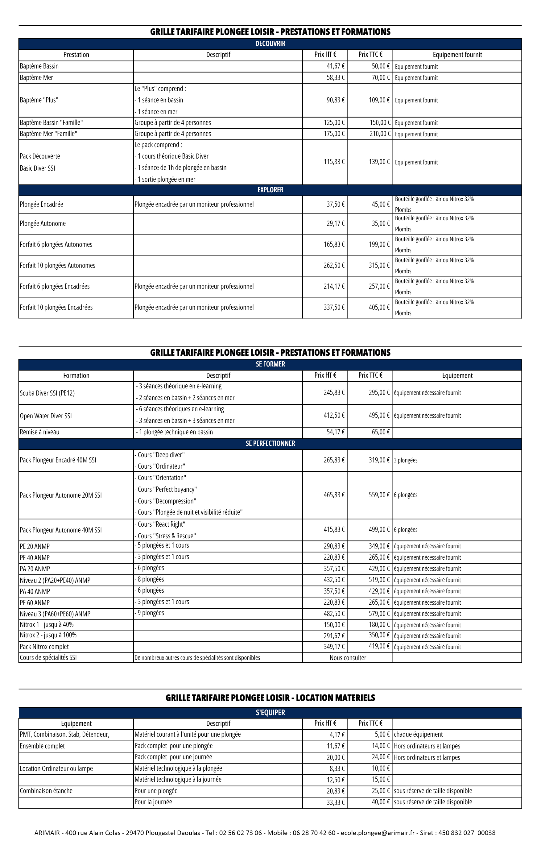 Nos tarifs - Arimair plongée